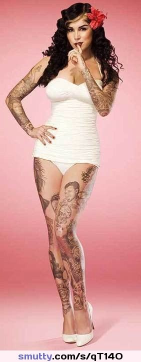 Posing Pinup Celebrty Katvond Tight White Maid Evie