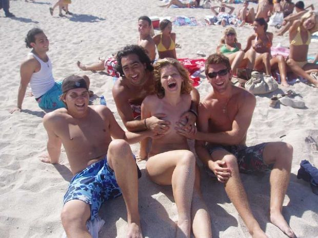 Three Friends Grope Her Boobs On The Beach Nudeshots