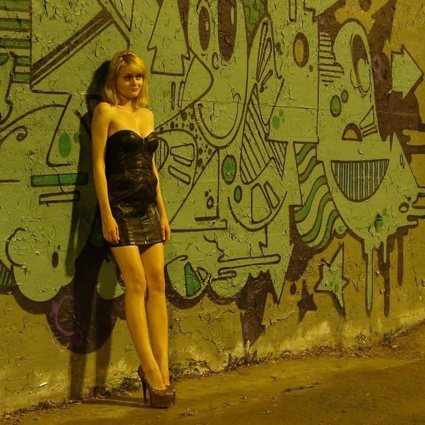 Hot Leggy Blonde Posing Outdoors In Black Leather Handyguy69