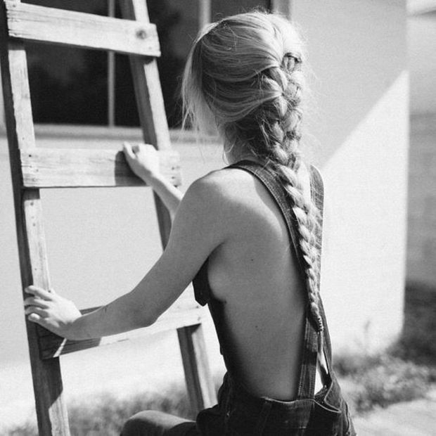 Long Hair Blonde In Overalls Side Boob Mced375