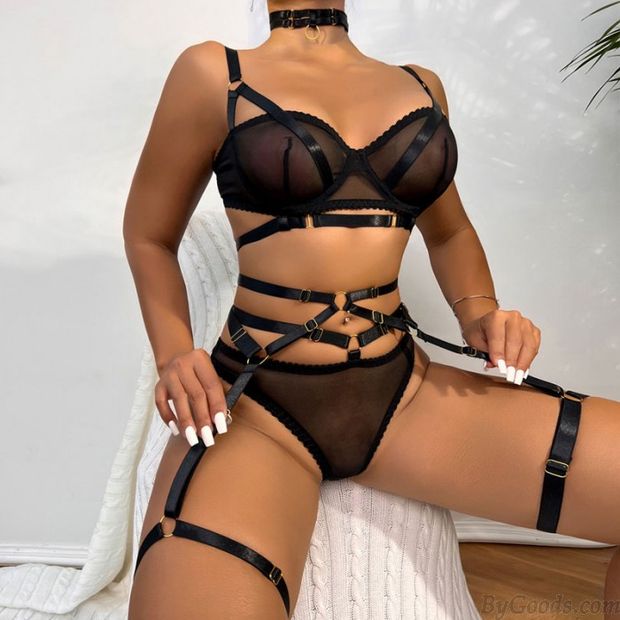 Sexy Mesh Sheer Bandage Underwire Bra Panty Garter Lilywendy