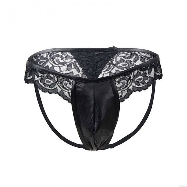 Sexy Negro Encaje Empalme Faux Cuero Bulge Bolsa Lilywendy